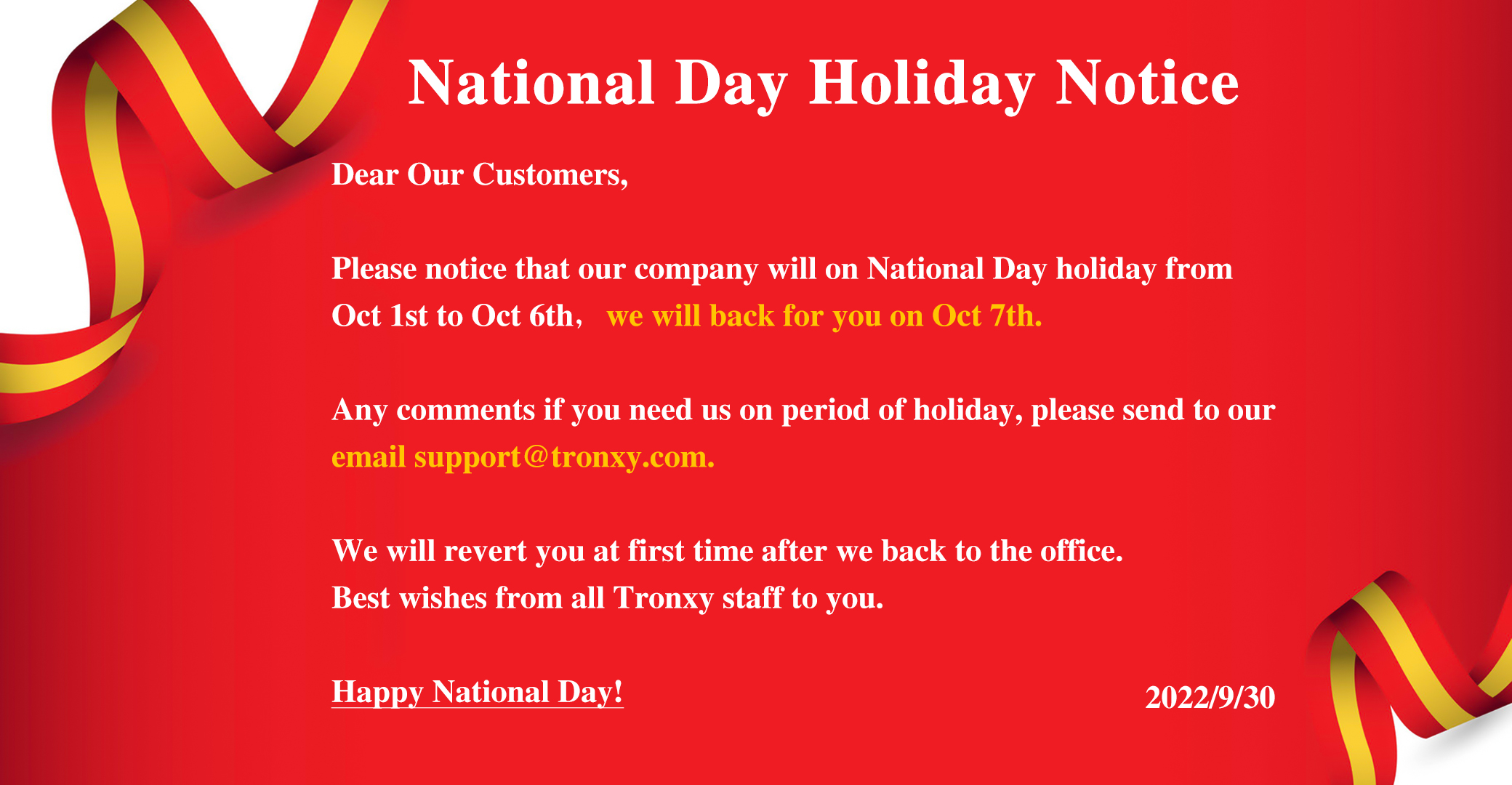 Tronxy office National Day Holiday Notice - www.tronxyonline.com