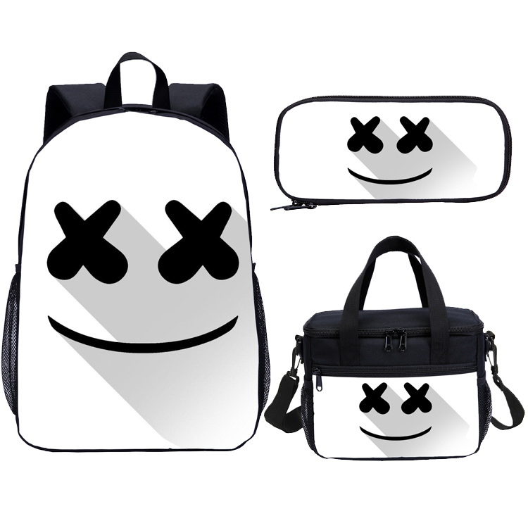 Marshmello Backpack 3 PCS Set Cool Large School Student Backpack