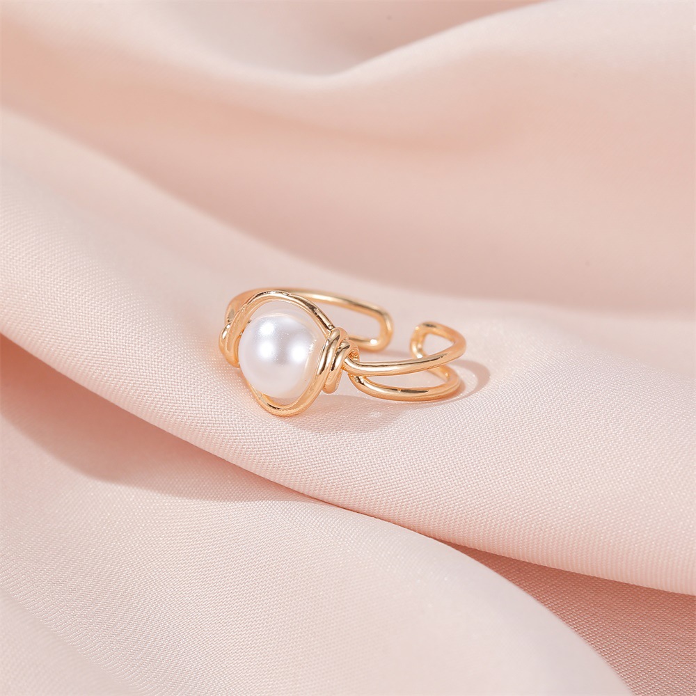 Korean Pearl Copper Rings Sweet Simple Pearl Ring Knotted Mouth Ring Ladies Index Finger Ring Wholesale Nihaojewelry