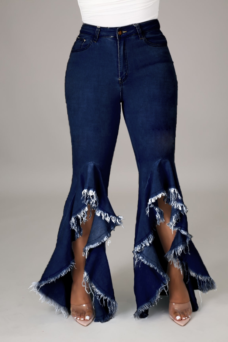 Winter Dark Blue High Waist Bell Bottom Ruffle Jeans Wholesale Jeans ...