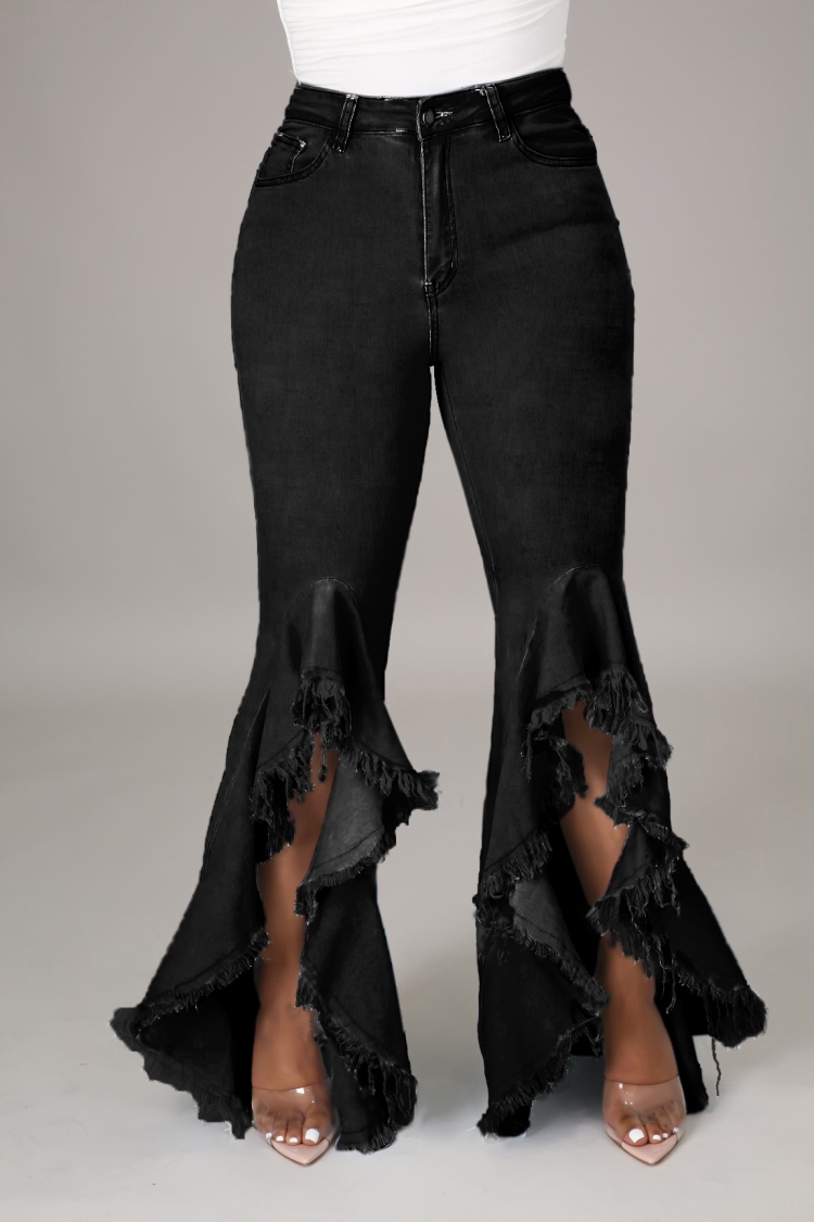 Winter Black High Waist Bell Bottom Ruffle Jeans Wholesale Jeans ...