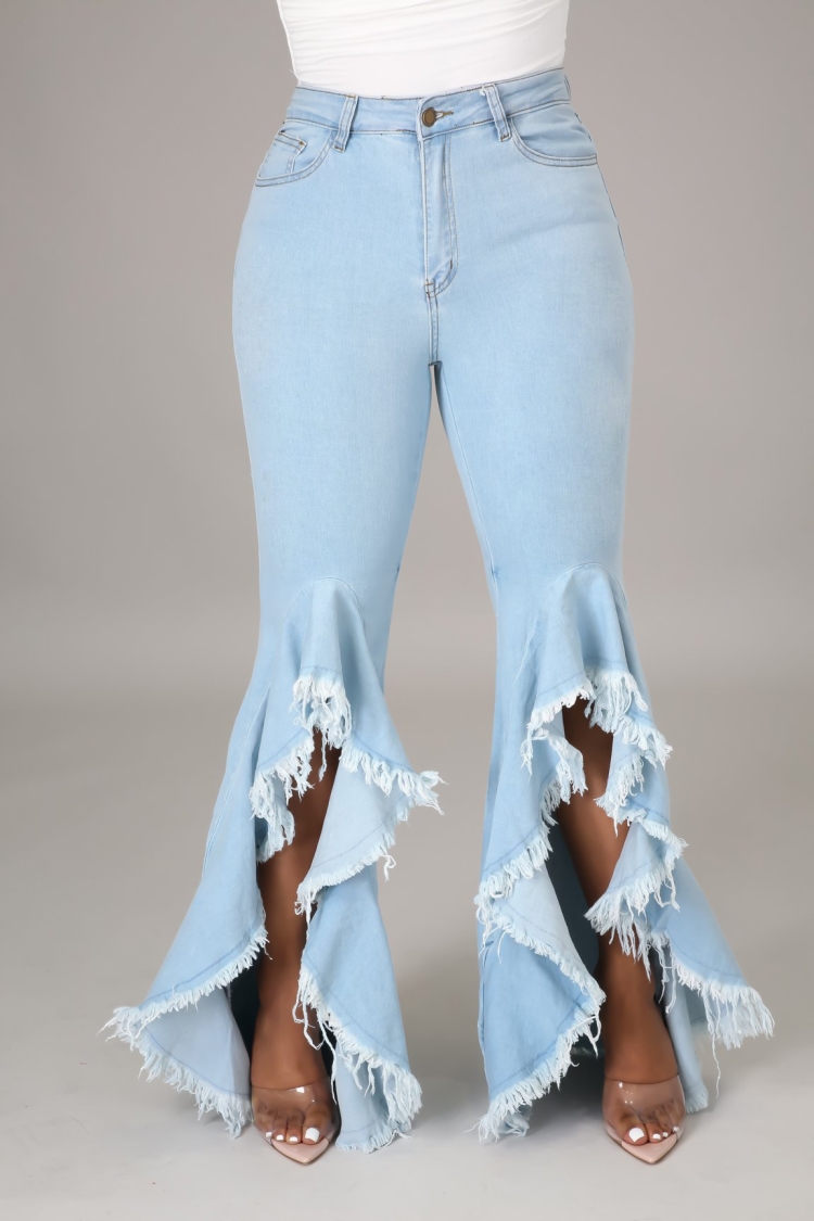 Winter Light Blue High Waist Bell Bottom Ruffle Jeans Wholesale Jeans ...