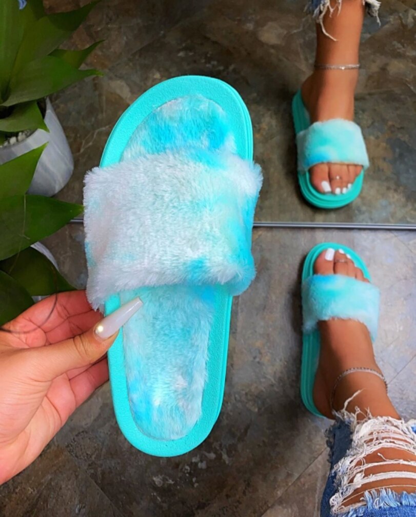 Women Fur Sandals Slippers Flat Slides Home Furry Flat Sandals Female ...