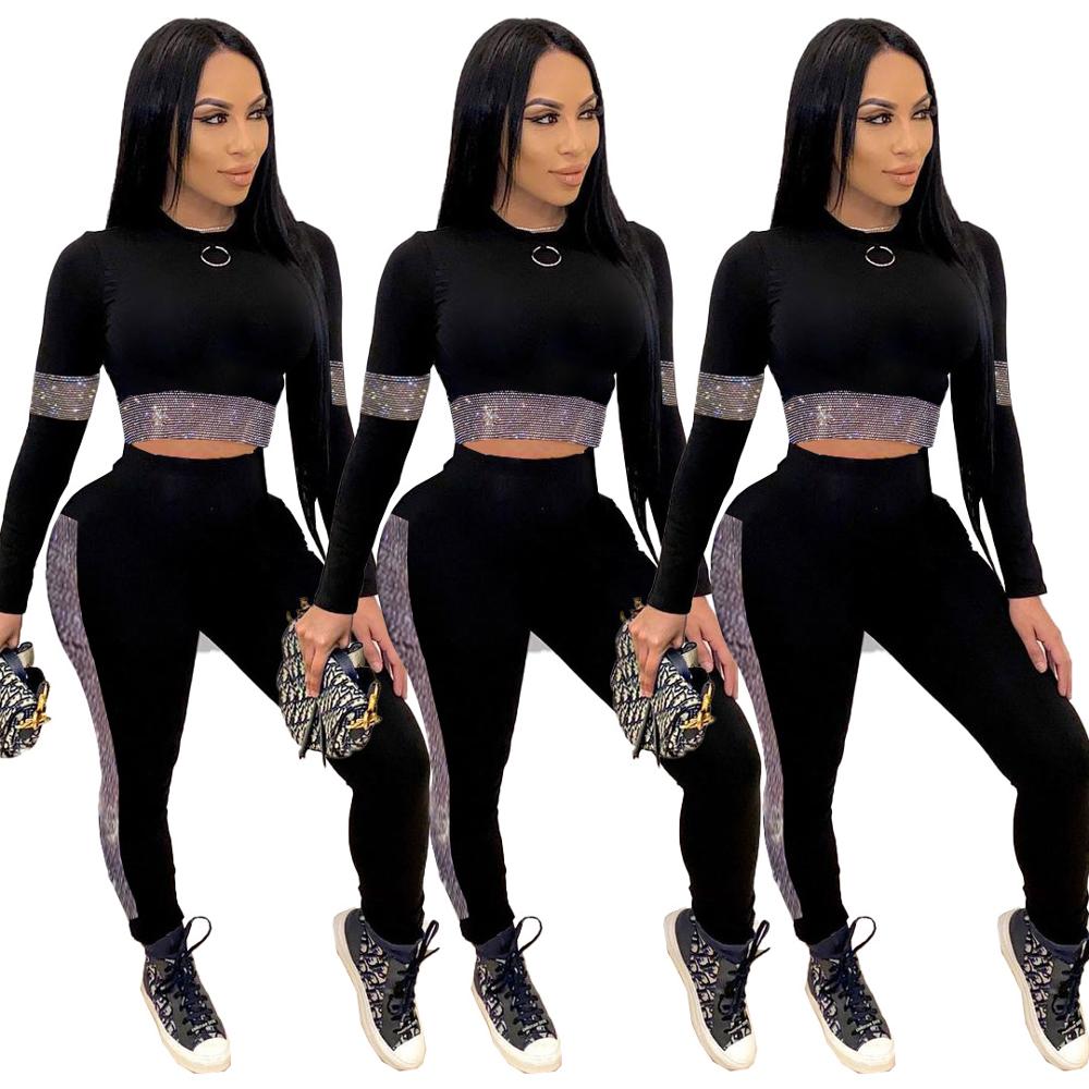 Fall Rhinestone Patchwork 2 Piece Set Woman Long Sleeve O-Neck Crop Top ...