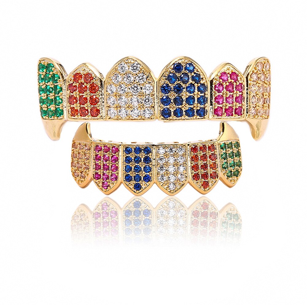 Hiphop Colorful AAA Cubia Zircon Gold Vampire Tooth Socket BESYT07182