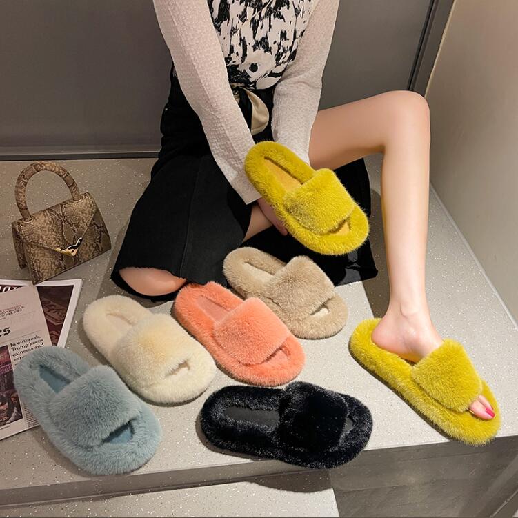Women Faux Fur Cross Indoor Slippers Floor Slides C0112