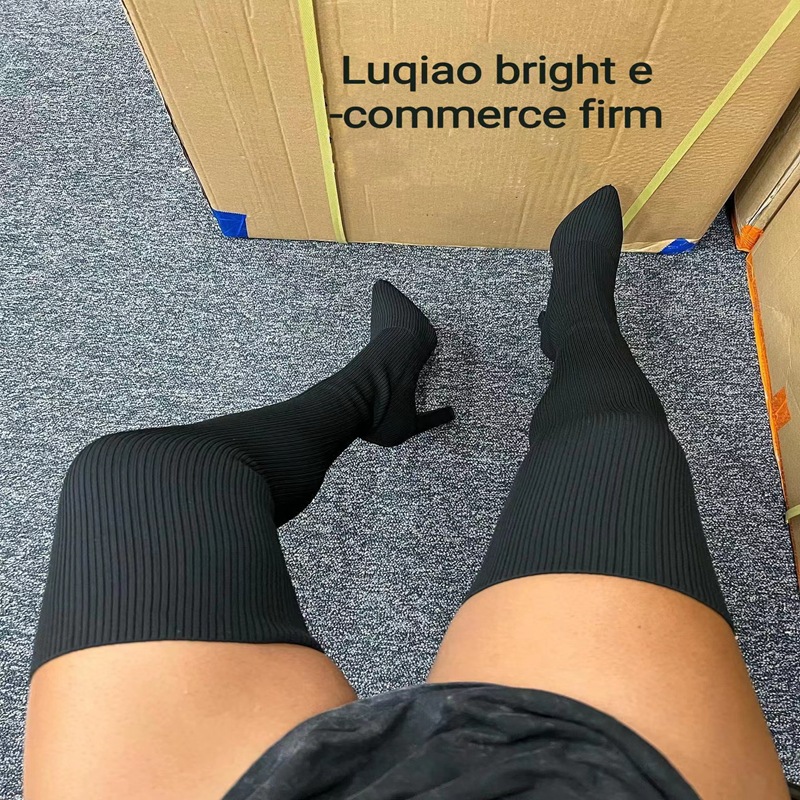 pointed toe thick heel knitted over-the-knee boots women's foreign ...