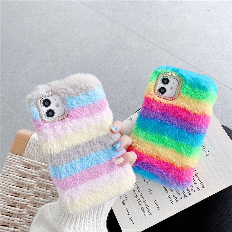 Fashion Cute Rainbow Gradient Furry Fuzzy Phone Cases For iPhone 13 14 ...