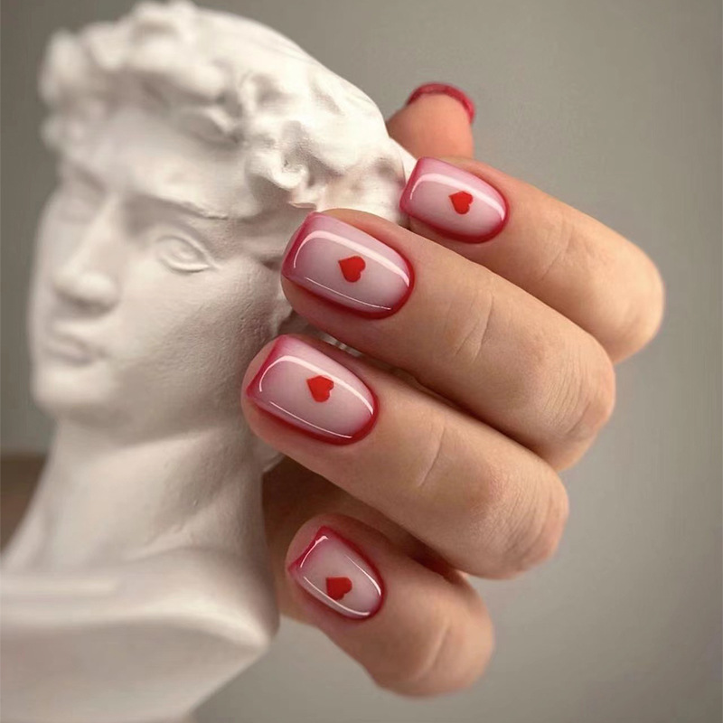 French Red Edge Instagram Sweet Wearing Nail Simple Red Heart Short ...