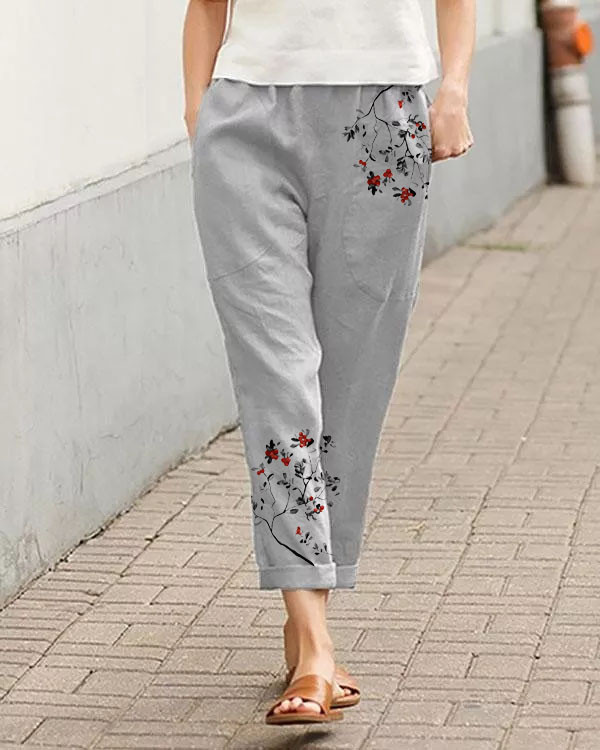 Women's Floral Pattern Casual Solid Color Pocket Elastic Waist Pants