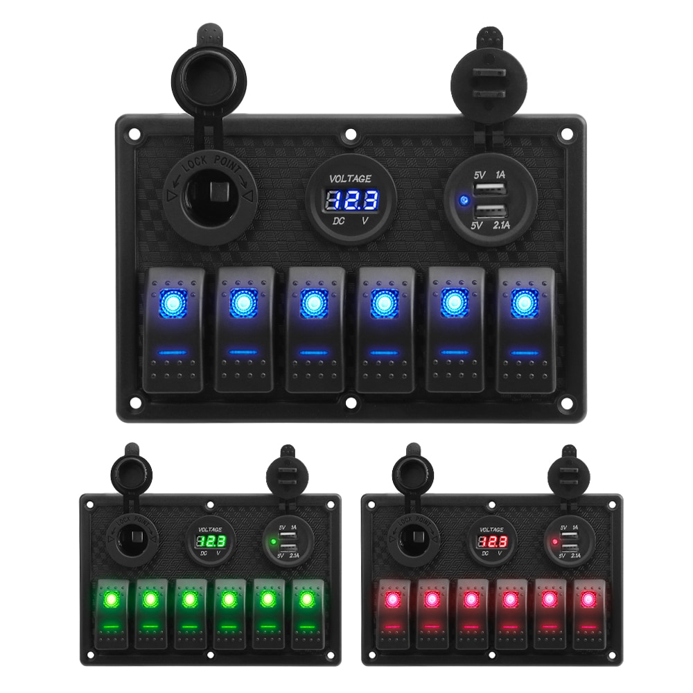 3-color camper van switch control panel with voltage meter and dual USB ...