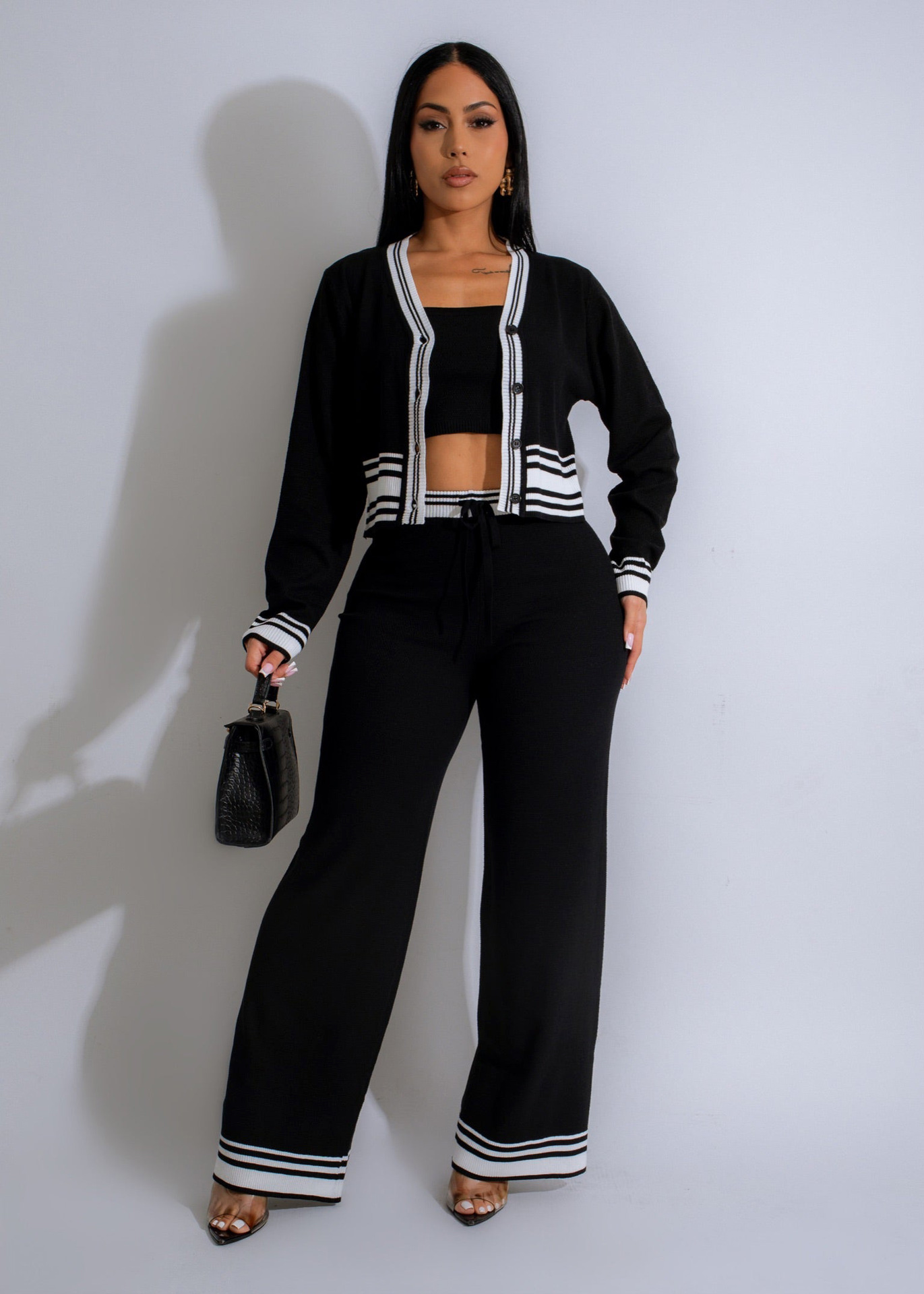 Striped cardigan knit three piece set