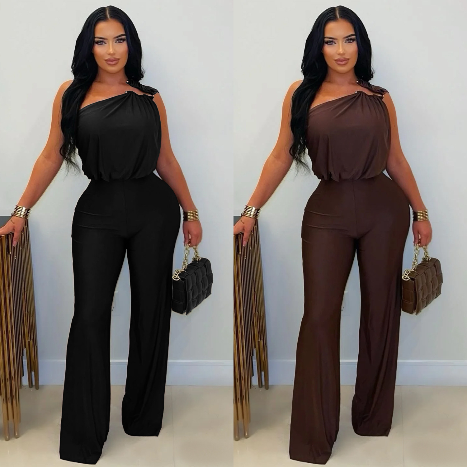 Slanted shoulder sleeveless hip hugging wide leg jumpsuit