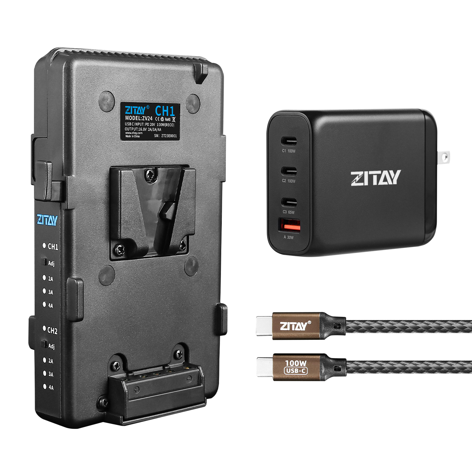 US$ 118.99 - ZITAY Dual Channel V Mount Lock Smart Battery Charger with Type C 100W Quick Charge ...