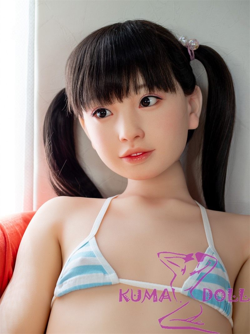 Adorable Flat-Chested Sex Doll in Blue and White Striped Bikini – Cute Summer Vibes!