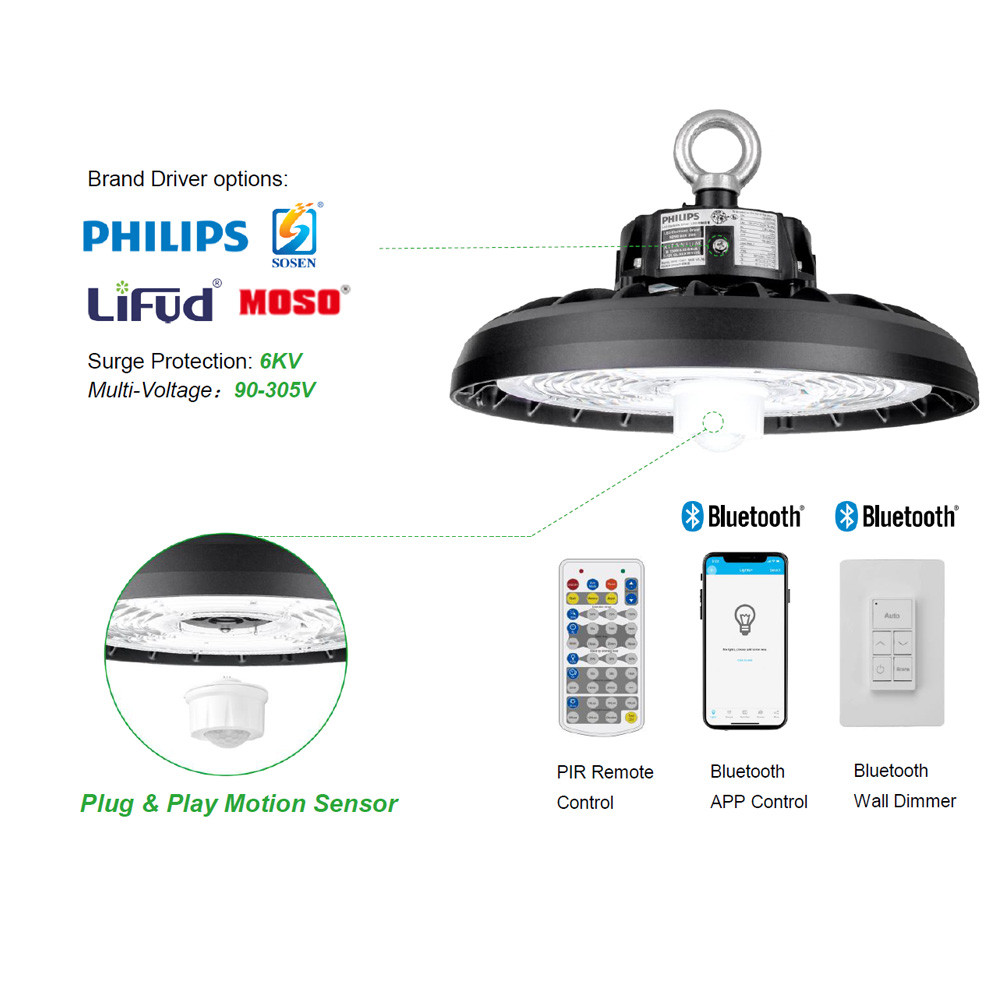 160lm/w 200lm/w 3-Power & 3-CCT LED UFO High Bay Light 100W 150W 200W 240W 300W -ETL CB CE DLC 5 ...