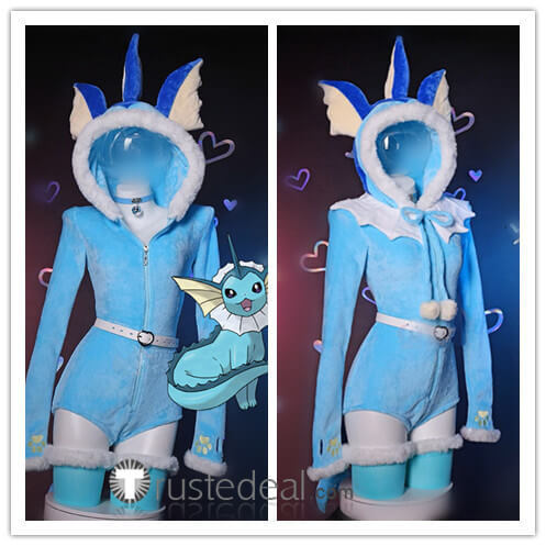 Pokemon Gijinka Vaporeon Glaceon Blue Fluffy Jumpsuit Bunny Suit