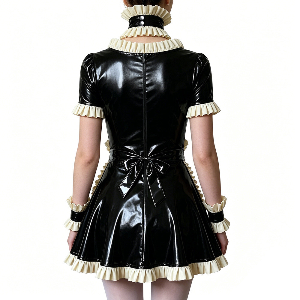 Sissy Ruffles Trim French Maid Dress with Apron Choker Wrist Cuffs ...