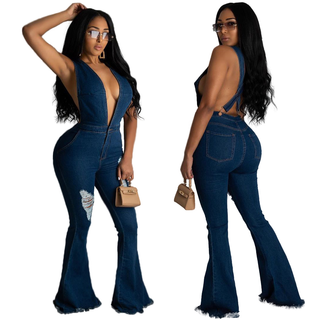 Sexy V Neck Sleeveless Backless Hole Flared Jeans Skinny Jumpsuit Jlx6041
