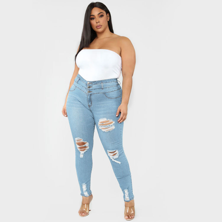 High waist ripped large size fat jeans women small feet jeans women