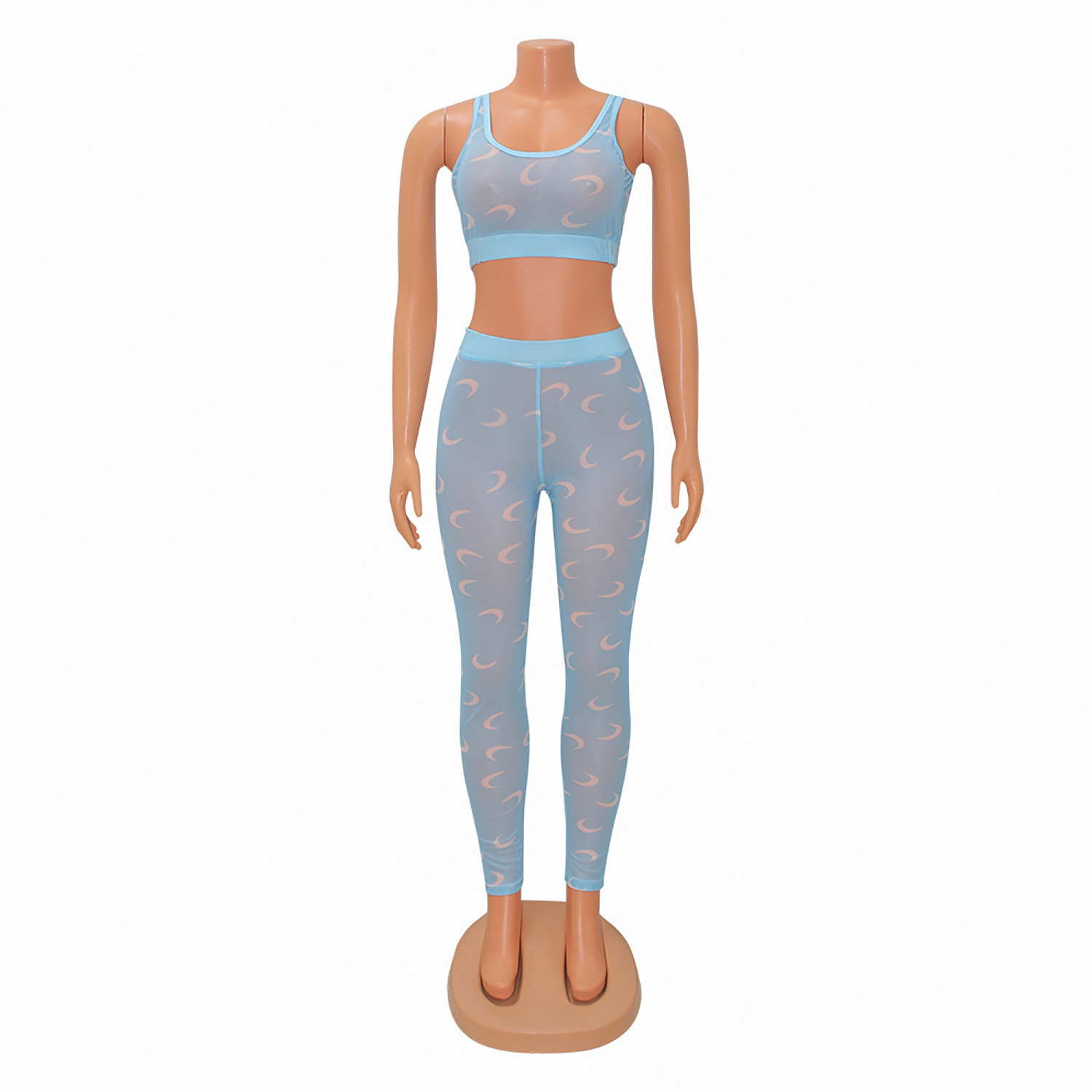 Fashion Sexy Mesh Print Sheer Pants Set