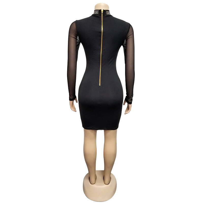 Club Perspective Mesh Patchwork Rhinestone Bodycon Dress XZ3281