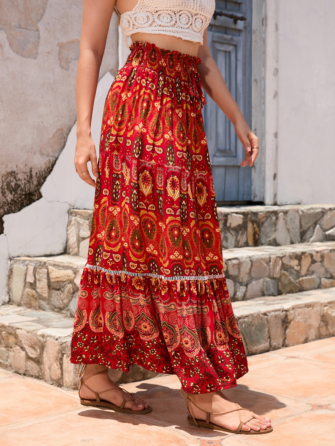 Us 3699 Womens Boho Skirts Red Paisley Retro Floral Print Big Swing Long Bohemian Skirt