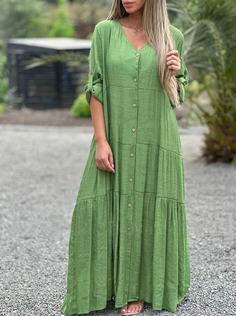 Us 3299 Womens Summer Solid Dress V Neck Long Sleeve Loose Holiday Maxi Dress