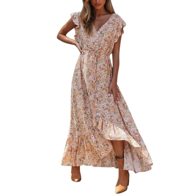 US$ 35.19 - Summer Beach Maxi Dress Women Floral Print Boho Long Dress Ruffles Wrap Casual V ...