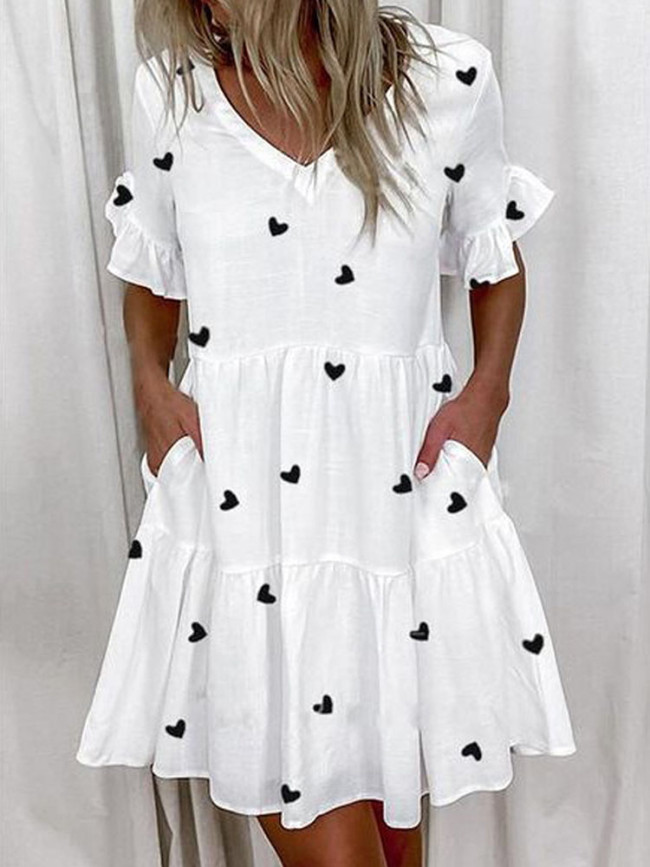 Fashion V Neck Ruffle Elegant White Embroidered Lace Mesh Party Mini Dress