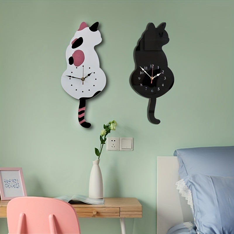 1pc Black Cat Pendulum Wall Clock, Cat Clock, Cat Clock With Moving ...