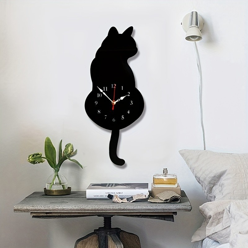 1pc Black Cat Pendulum Wall Clock, Cat Clock, Cat Clock With Moving ...