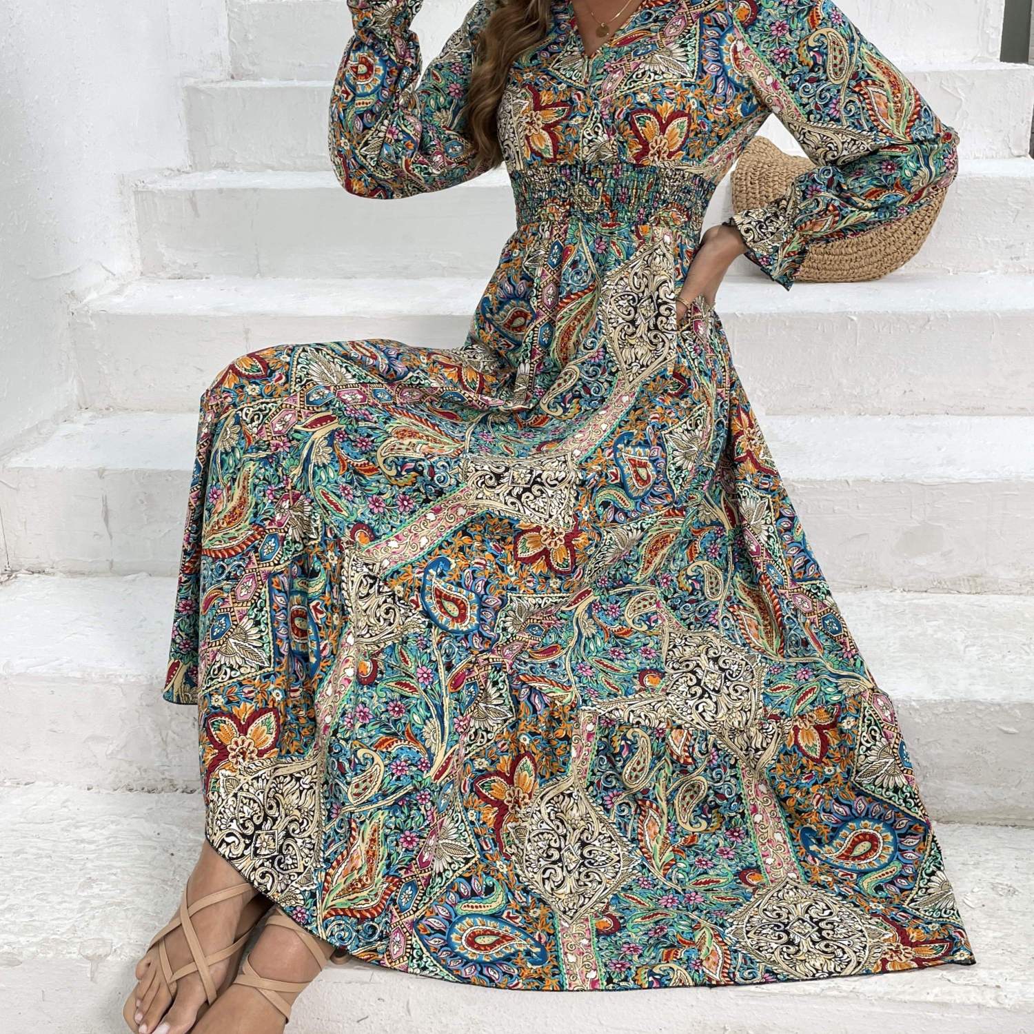 Paisley Print Shirred Waist Dress, Boho V Neck Long Sleeve Dress, Women ...