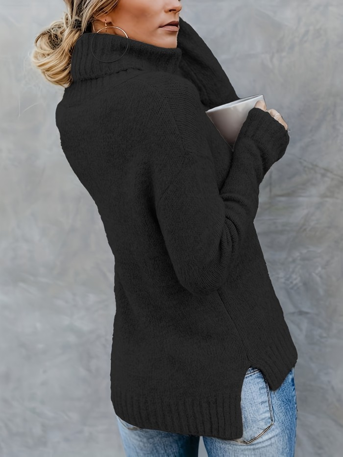 Solid Turtle Neck Pullover Sweater Casual Long Sleeve Split Sweater