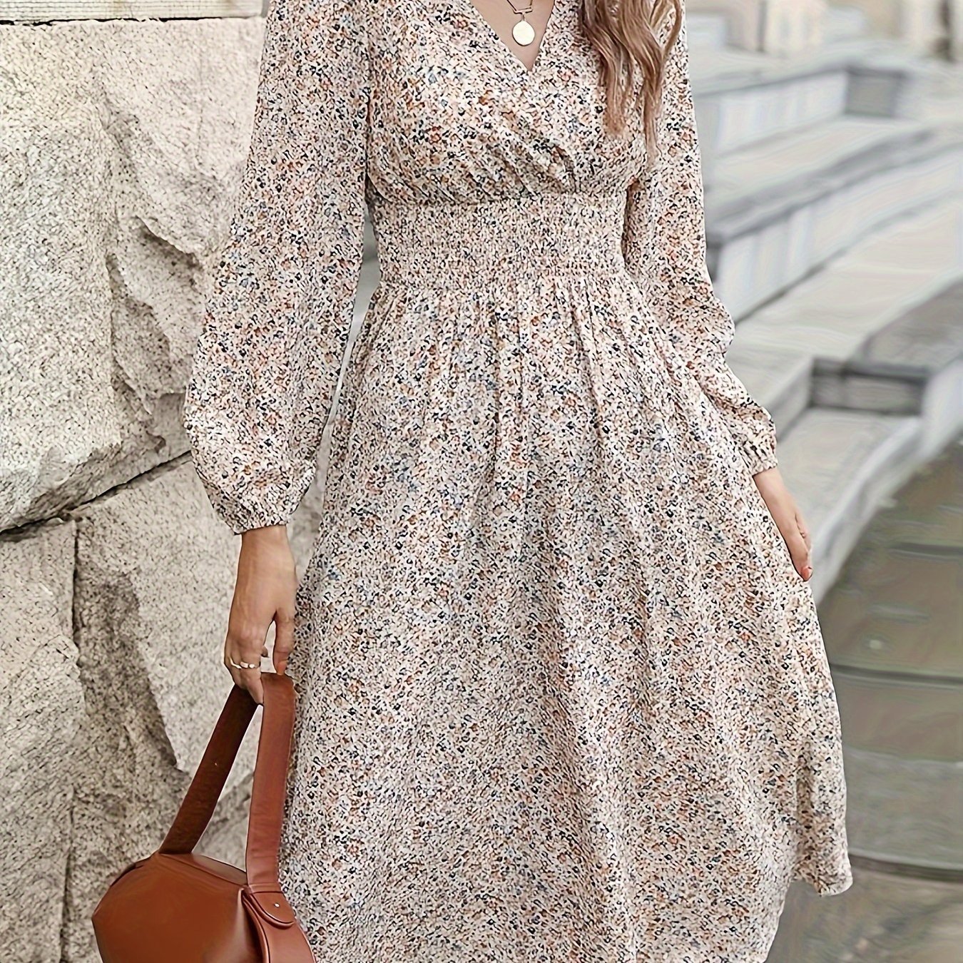 Ditsy Floral Print Dress, Elegant Shirred Waist Long Sleeve Midi Dress, Women's Clothing
