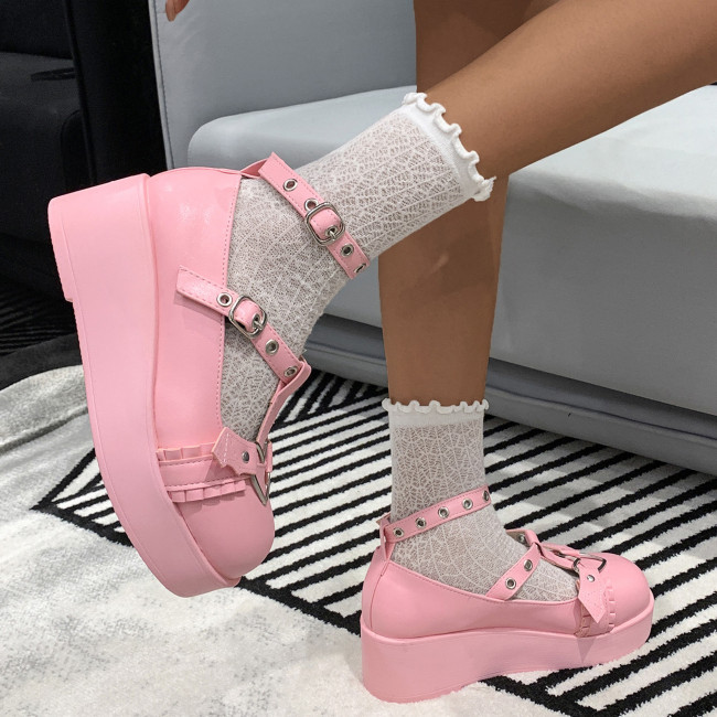 Women's Platform T-strap Shoes, Solid Color Heart Decor Shoes, Y2K ...