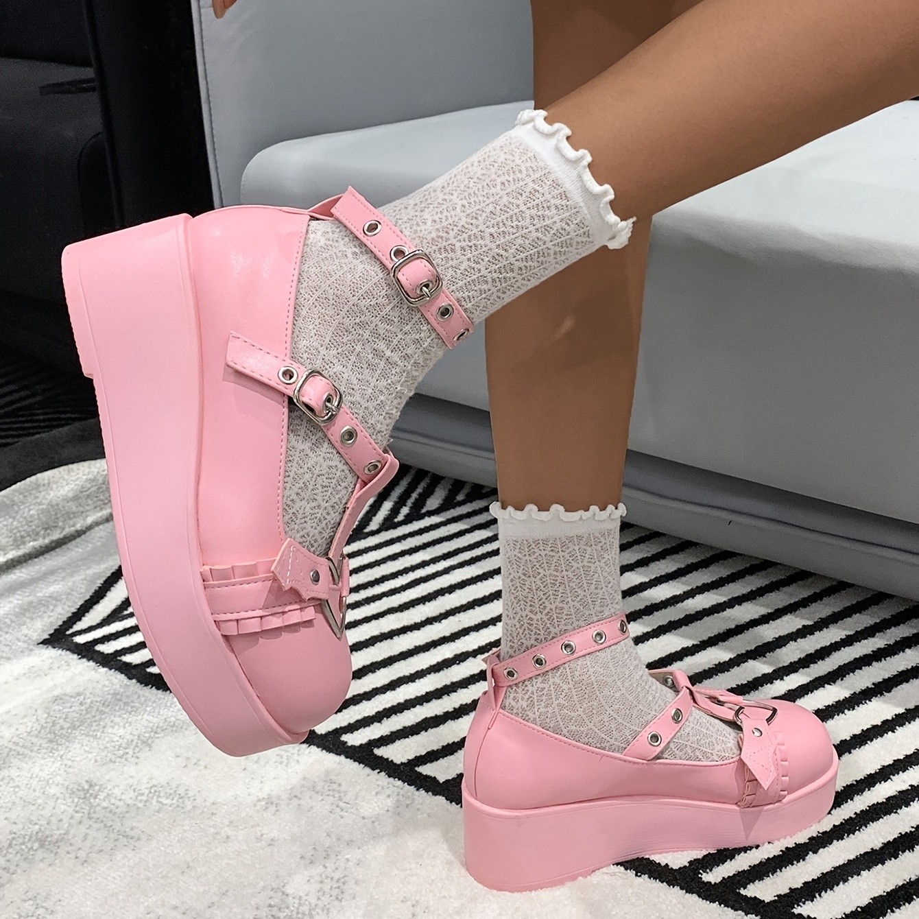 Women's Platform T-strap Shoes, Solid Color Heart Decor Shoes, Y2K ...