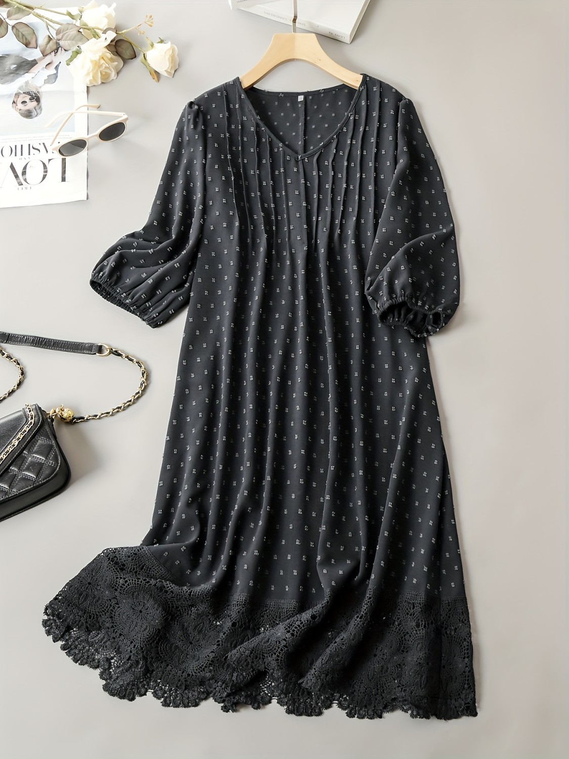 Plus Size Elegant Dress Womens Plus Swiss Dot Contrast Lace Panel