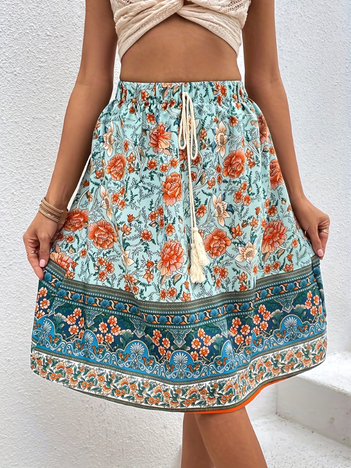 Floral Print Drawstring Skirt, Casual Elastic Waist Skirt For Spring ...