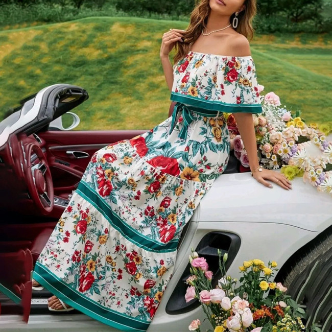 Off the Shoulder Print Lace up Swing Elegant And Pretty Bohemian Street ...