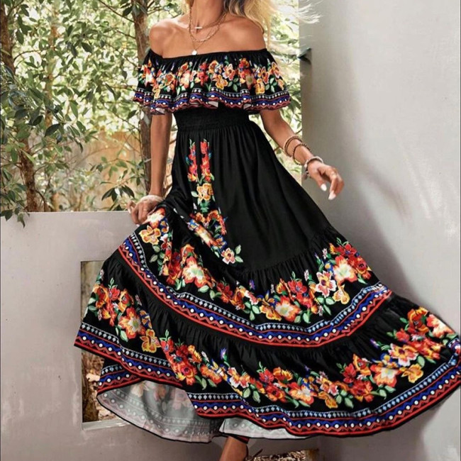 Off the Shoulder Print Lace up Swing Elegant And Pretty Bohemian Street ...