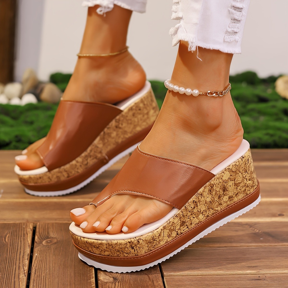 Women's Toe Loop Design Wedge Sandals, Casual Open Toe Slip On Platform ...
