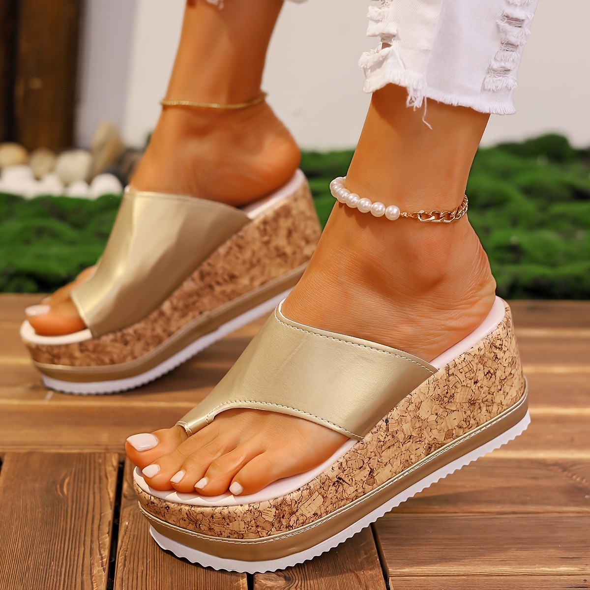 Women's Toe Loop Design Wedge Sandals, Casual Open Toe Slip On Platform ...
