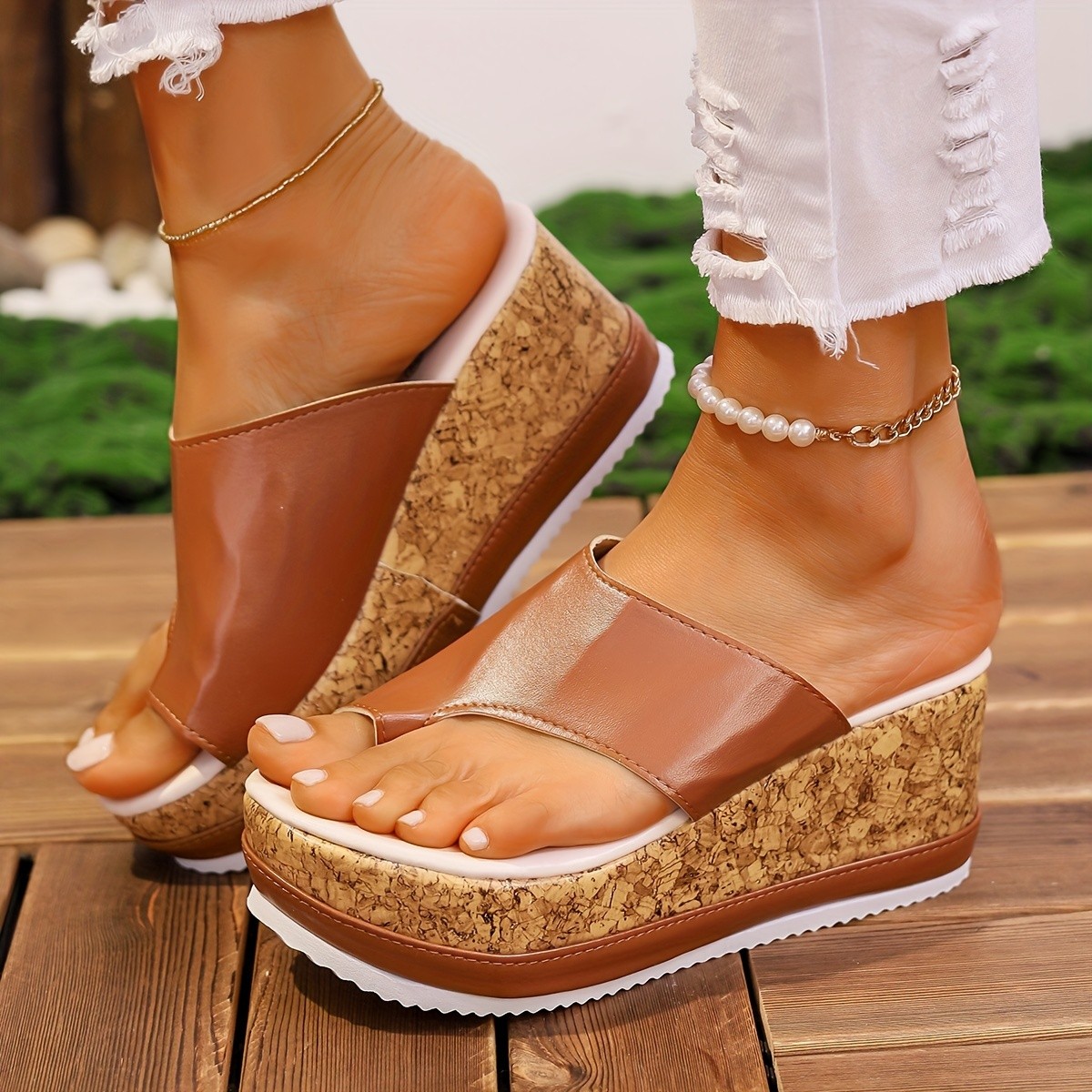 Women's Toe Loop Design Wedge Sandals, Casual Open Toe Slip On Platform ...
