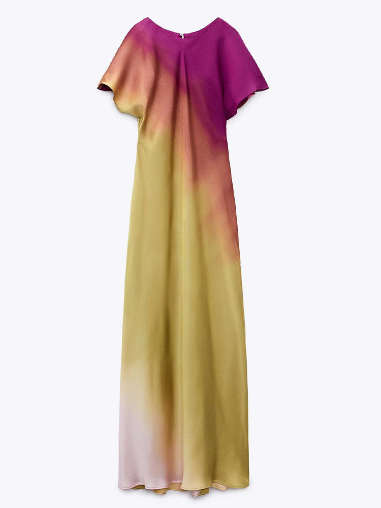 Vintage Tie-Dyed Elegant Short Sleeve Satin Fashion Gradient Slim High ...