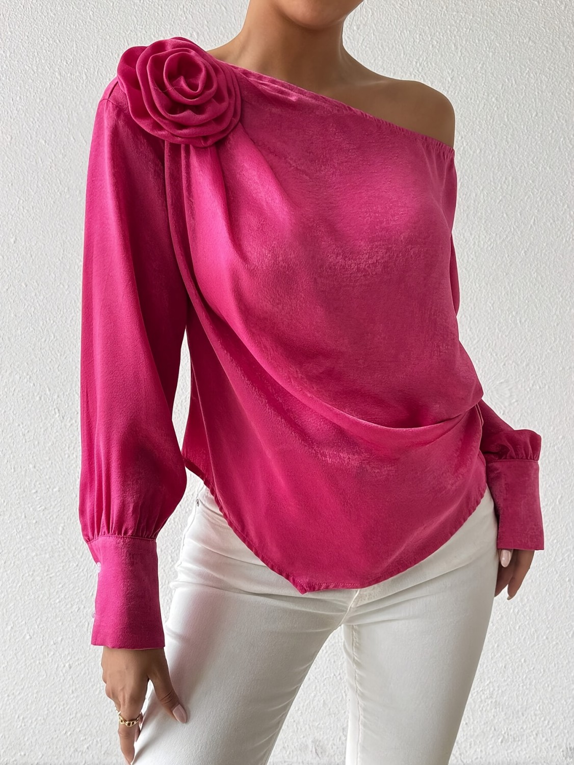 Elegant Off-Shoulder Satin Blouse with Floral Detail - Long Sleeve ...