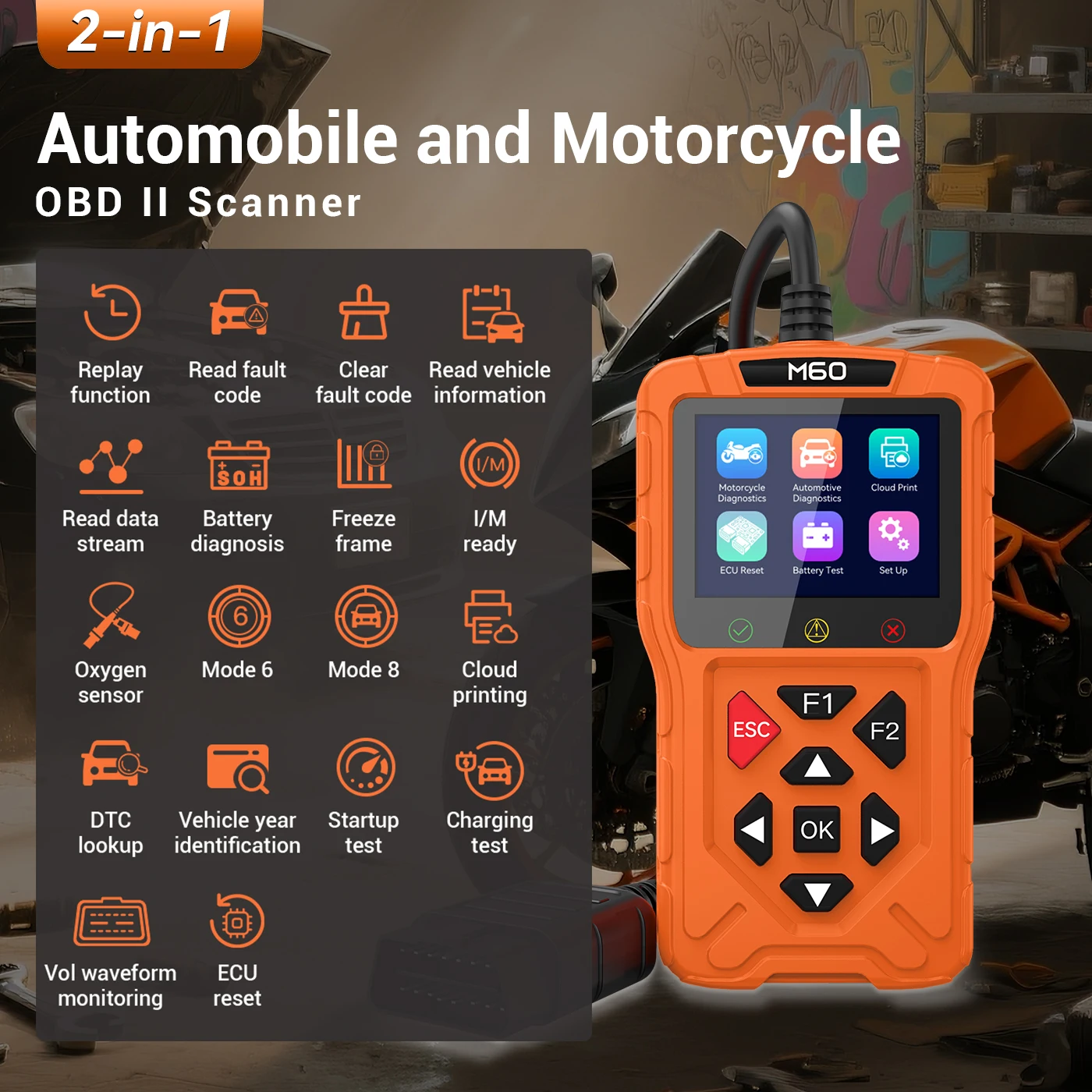 M60 2-in-1 OBD II Scanner for Cars and Motorcycles | Multi-Protocol ...