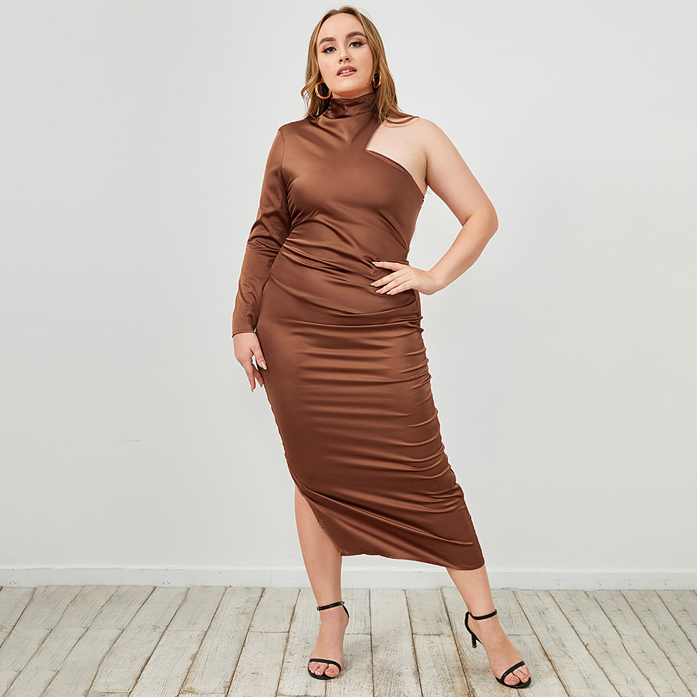 Custom Made Plus Size Dresses Winter High Neck One Sleeve Solid Brown ...