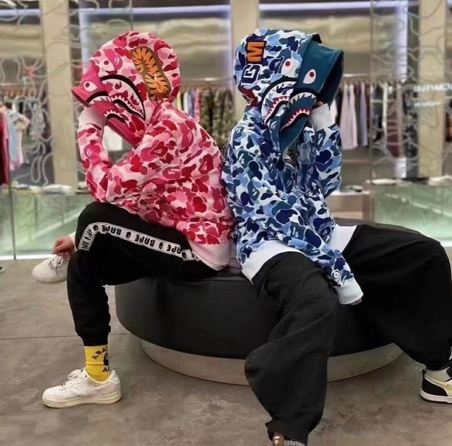 Bape 21ss pink blue double hood shark camo hoodie