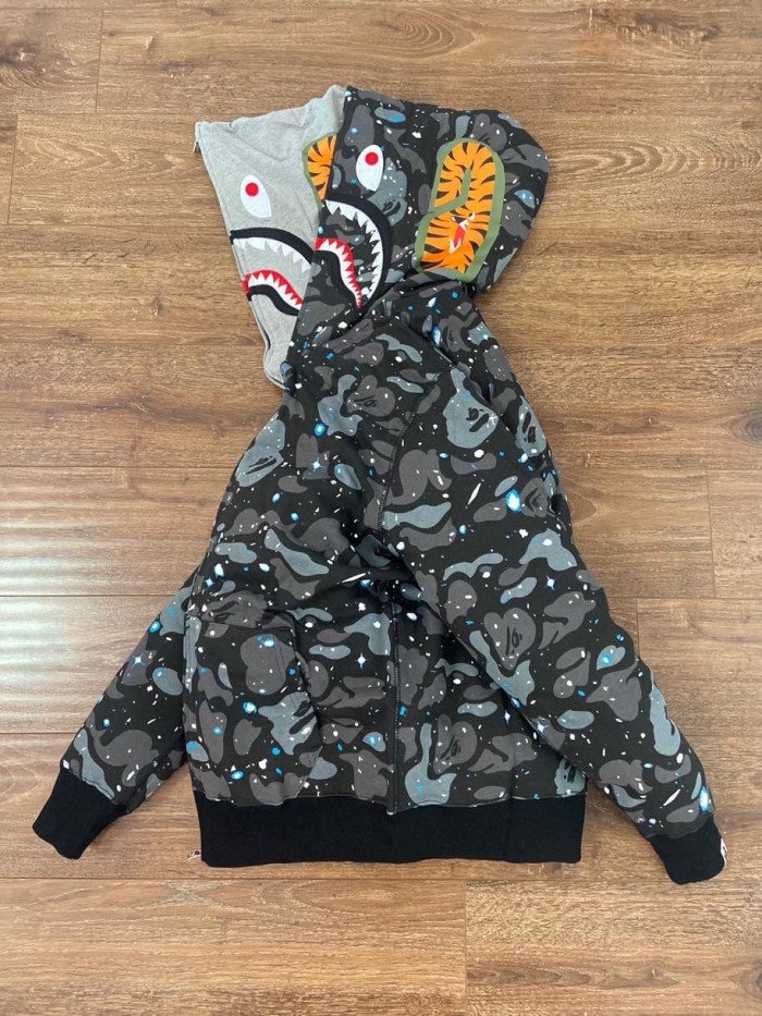 1:1 Bape double hood star camo shark hoodie